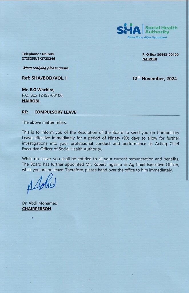 Jambass is Sending Acting SHA CEO Elijah Wachira on compulsory leave ...