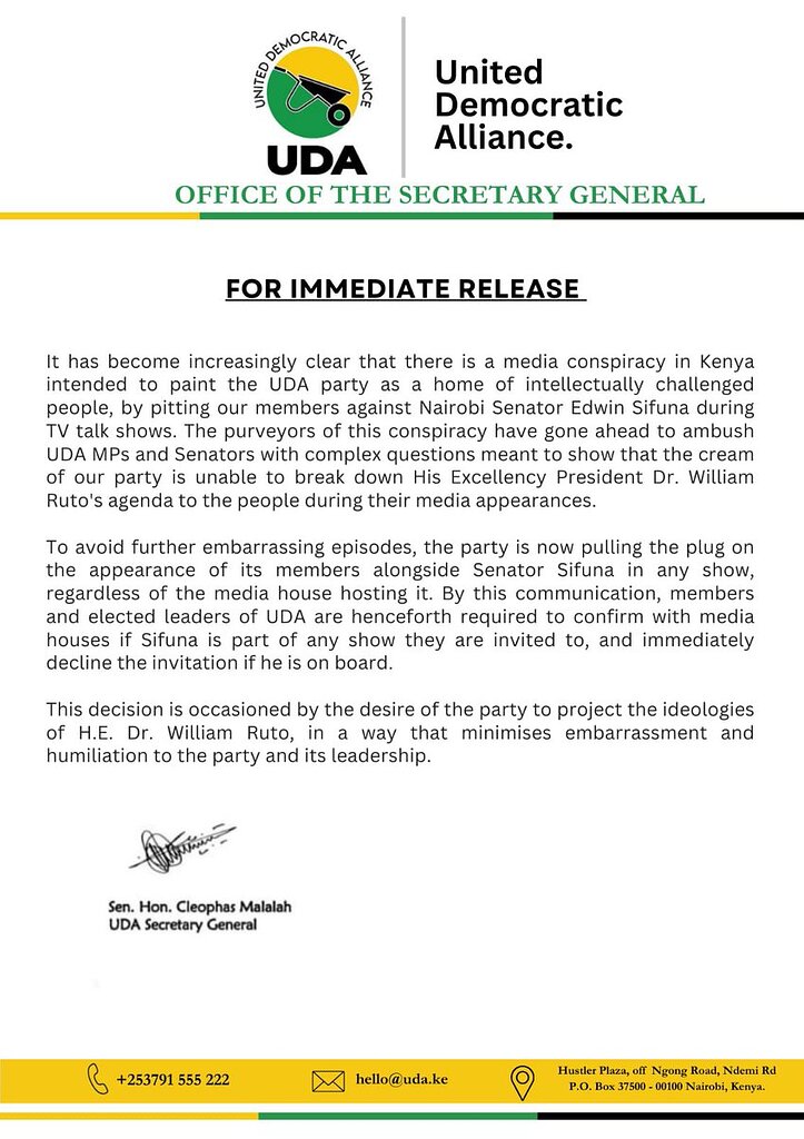 UDA members banned from participating in TV shows with Edwin sifina ...