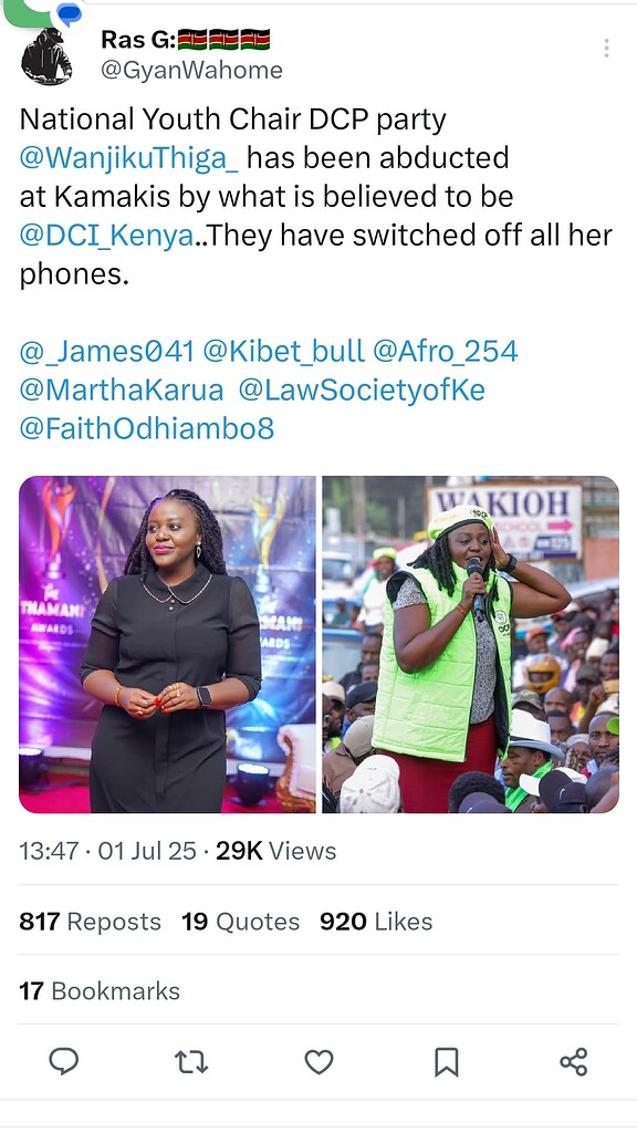 DCP Youth Leader abduction at Kamakis hope she's safe - Sex & Relationships - Kenya Talk